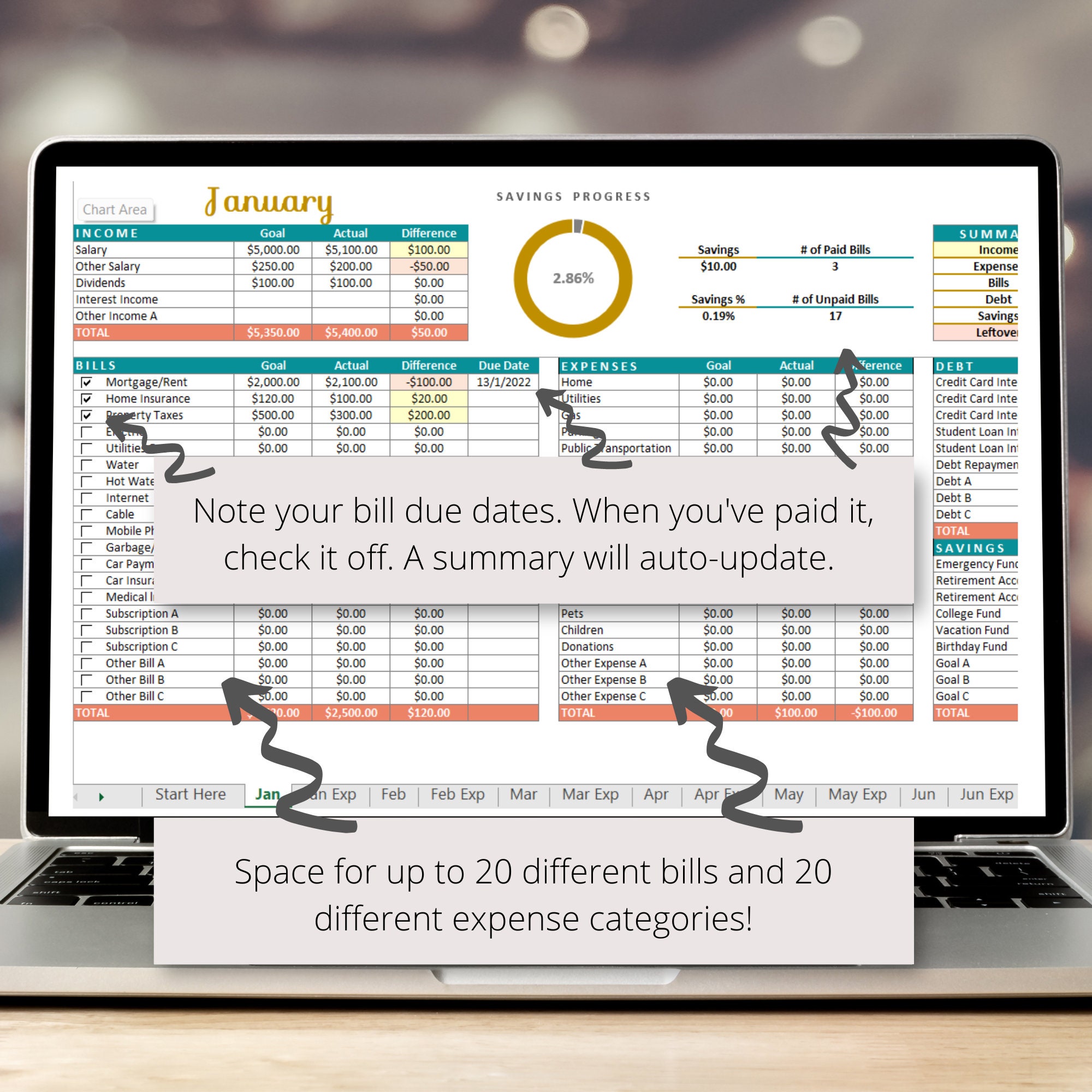 Monthly & Annual Budget Excel Spreadsheet Template, Budget Tracker Bill ...