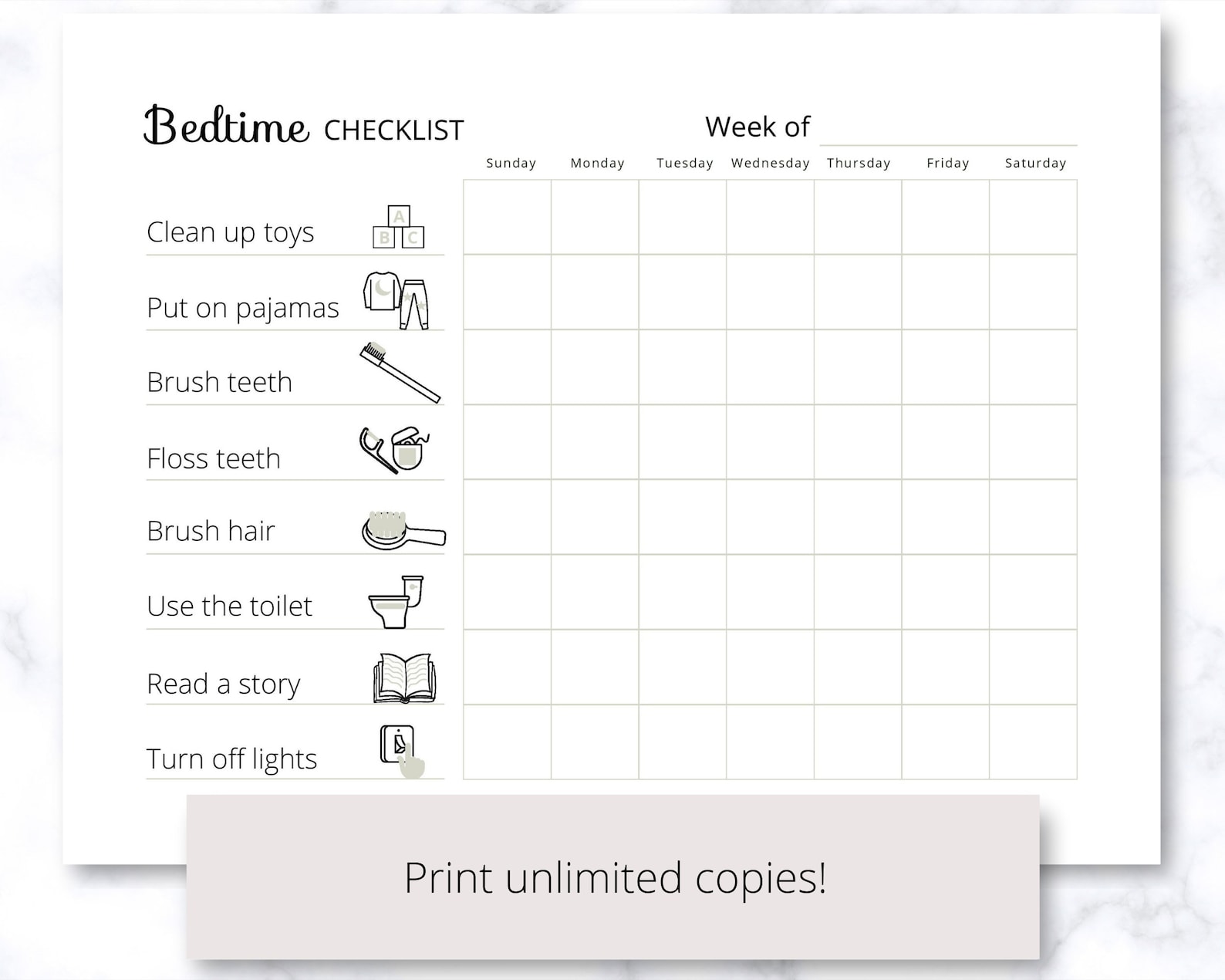 Kids Bedtime Routine Chart Checklist Printable, Evening/nighttime ...