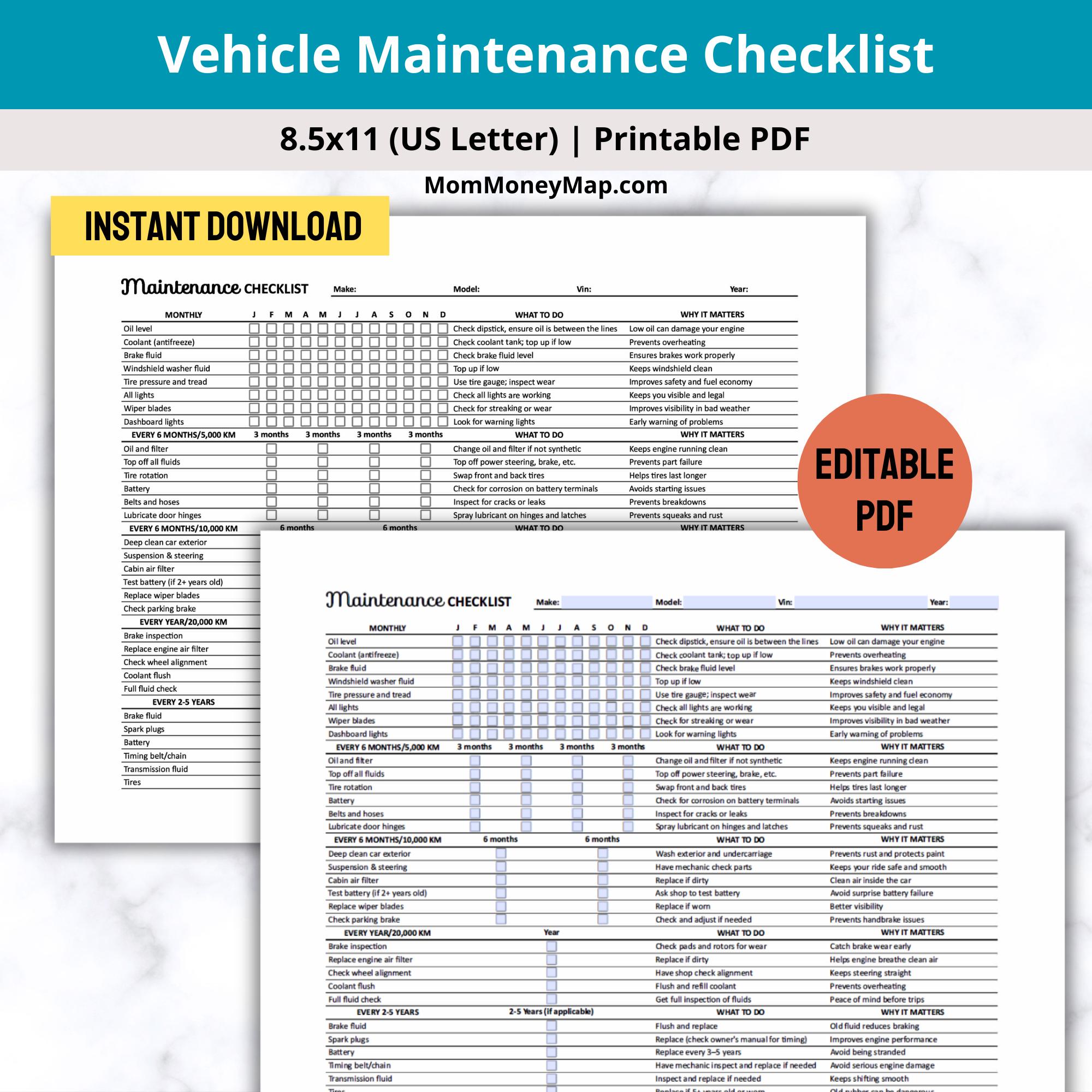 Vehicle Maintenance Checklist Printable PDF, Car Maintenance Checklist ...