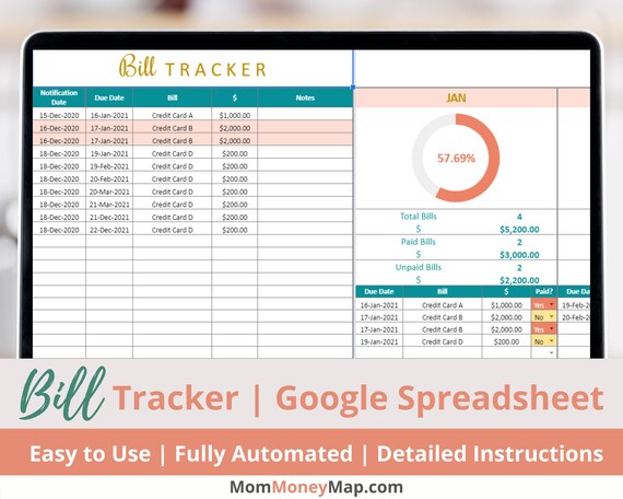 Bill Tracker Google Sheet Spreadsheet Monthly Bill Due Date - Etsy