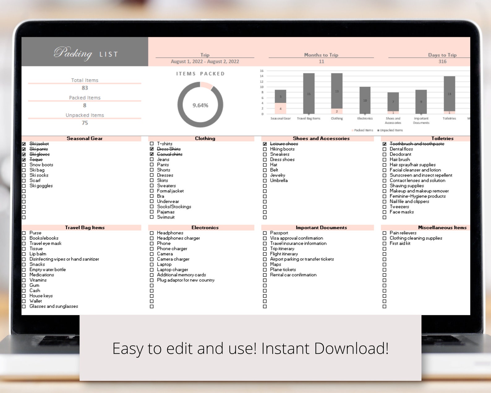 Packing List Excel Spreadsheet Template for Vacation | Vacation Travel ...