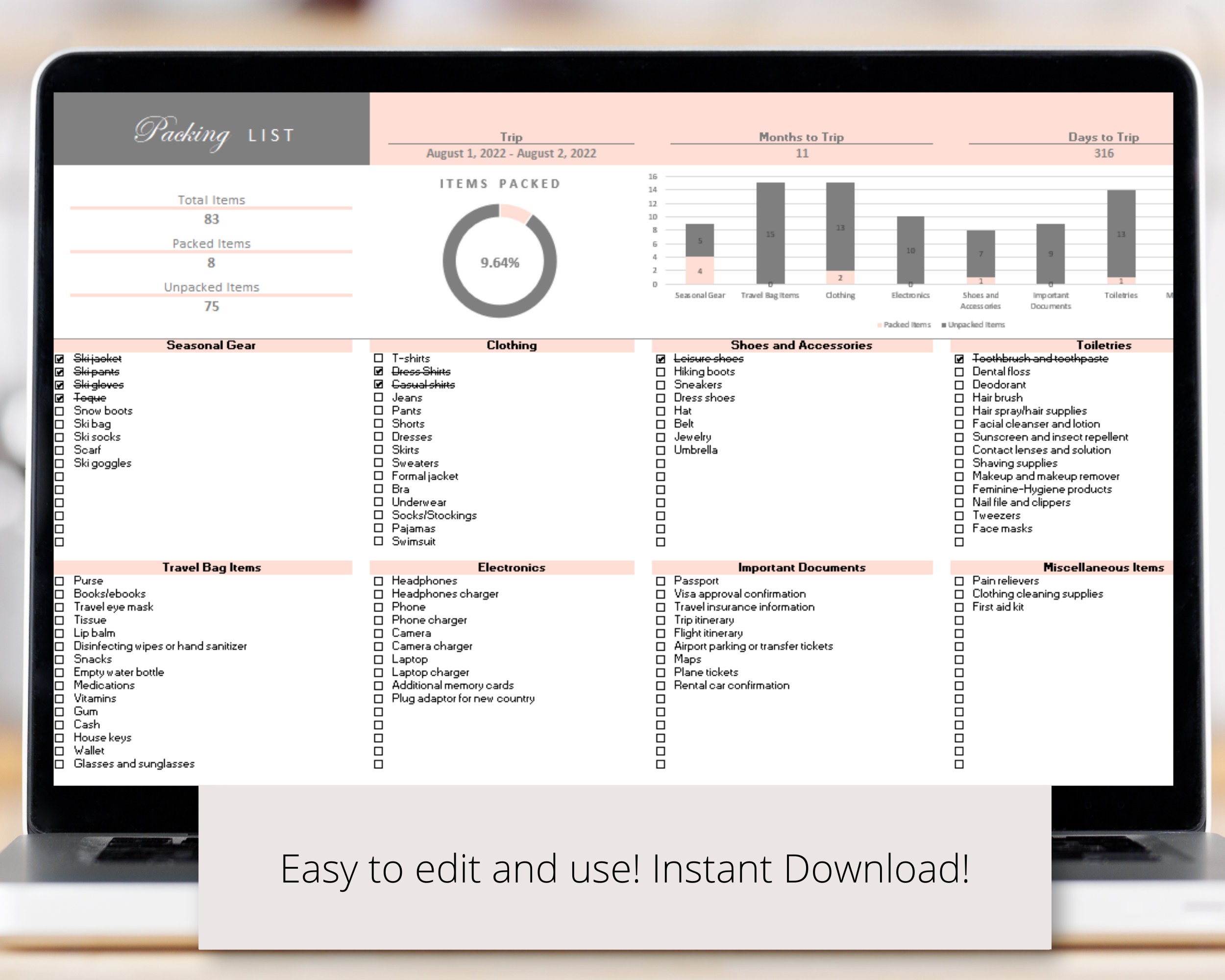 Packing List Excel Spreadsheet Template for Vacation | Vacation Travel ...