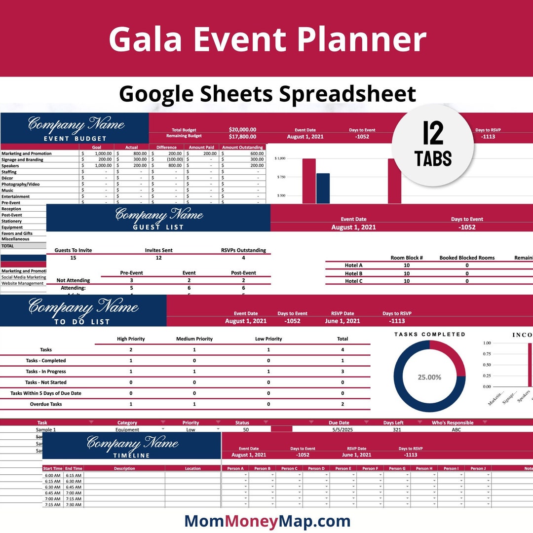 Gala Event Planner Google Sheets Spreadsheet Template for Fundraising ...