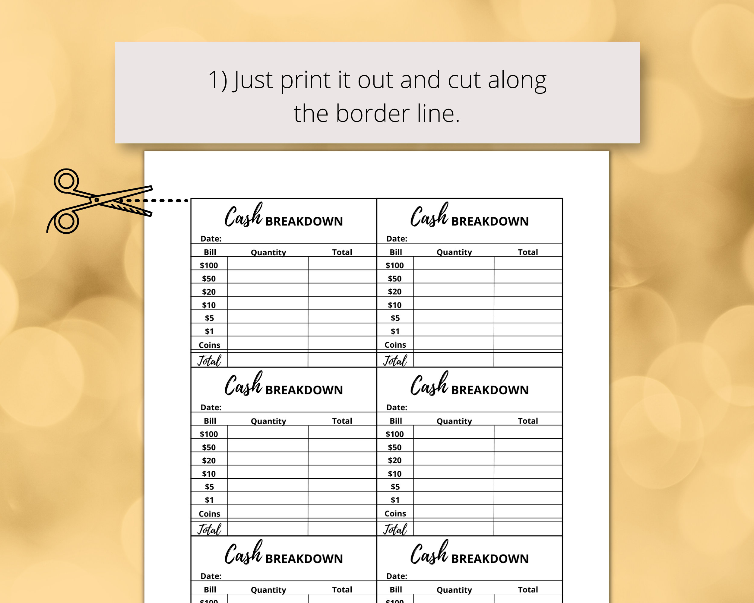 Cash Breakdown Slips Printable PDF, Bank Teller Slips for Cash ...