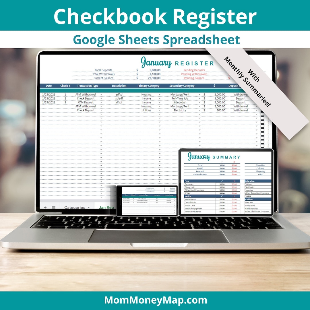 Checkbook Register With Monthly Summary Google Sheets Spreadsheet ...