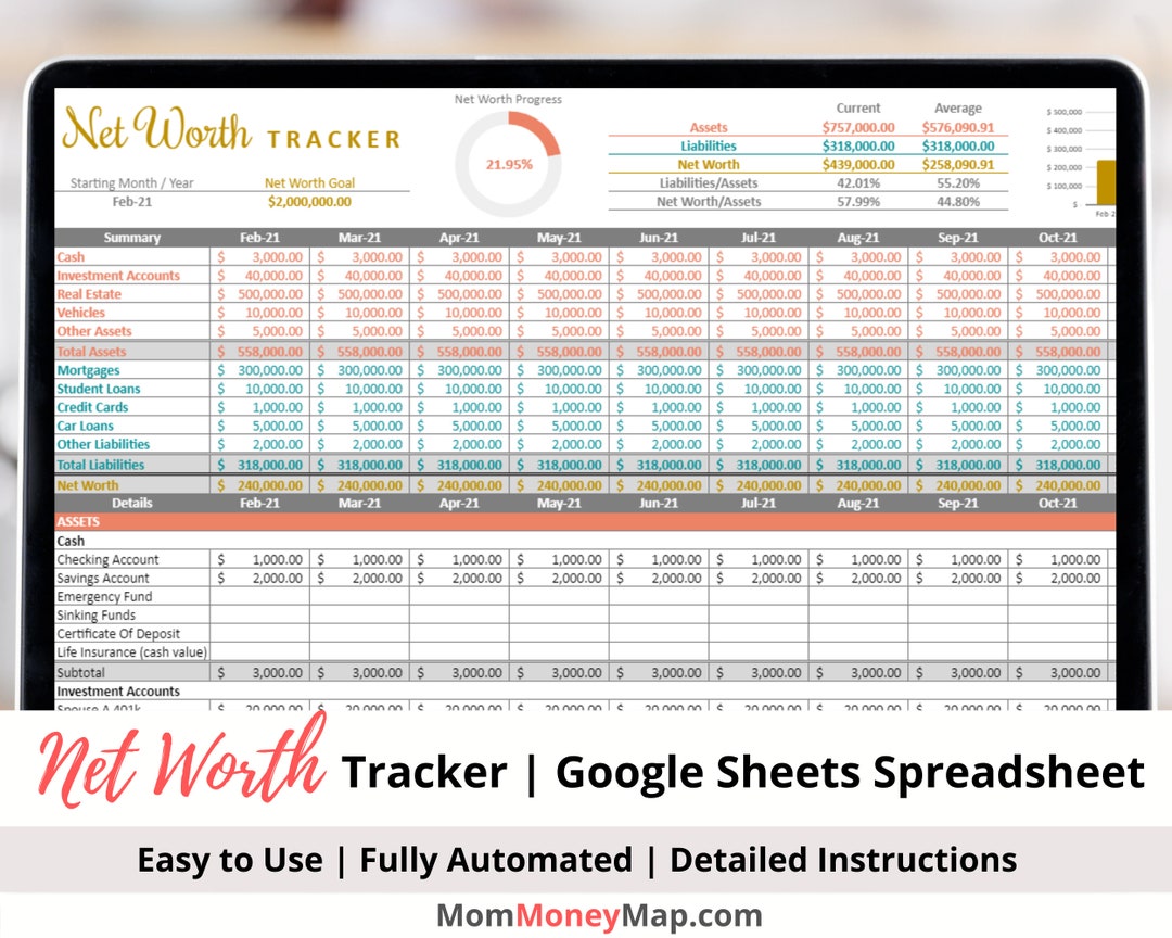 Net Worth Tracker Google Sheets Spreadsheet Track Your - Etsy