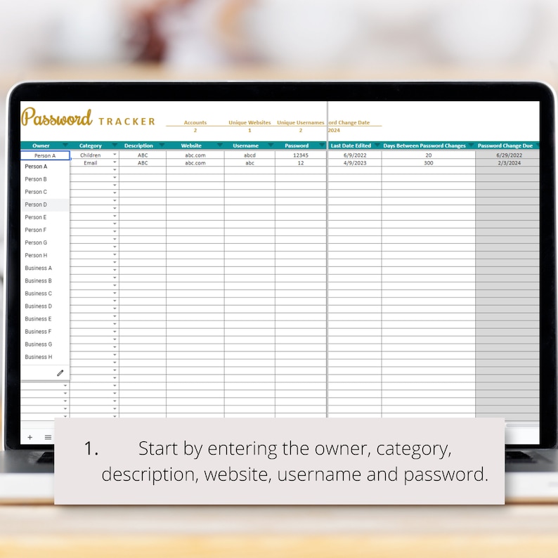 Password Tracker Google Sheets Spreadsheet to Log Logins and Passwords ...