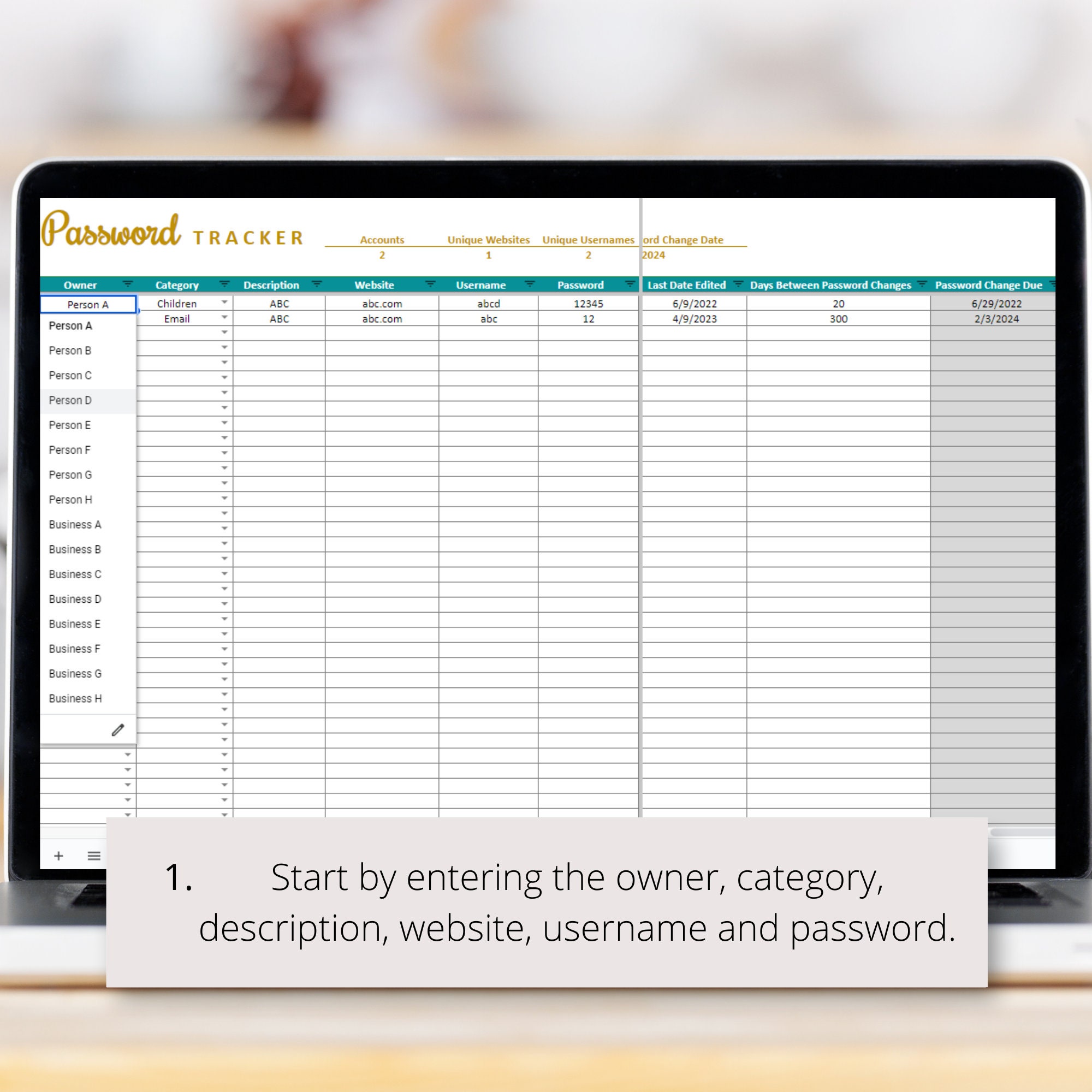 Password Tracker Google Sheets Spreadsheet to Log Logins and Passwords ...