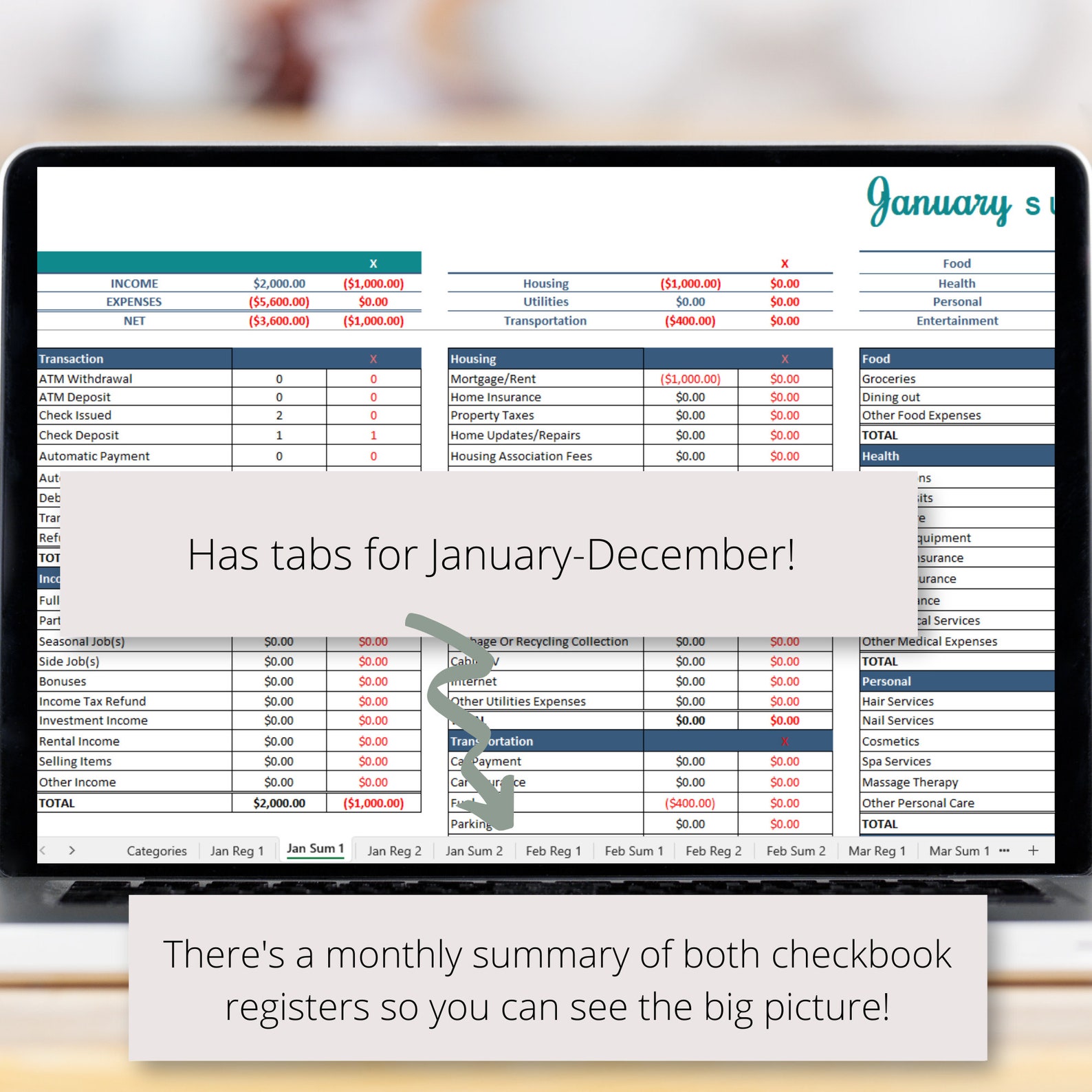 2 Checkbook Registers With Monthly and Annual Summaries Excel ...