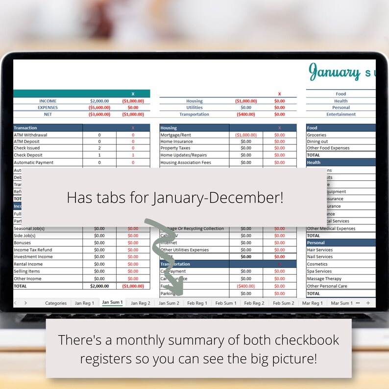2 Checkbook Registers With Monthly and Annual Summaries Excel ...