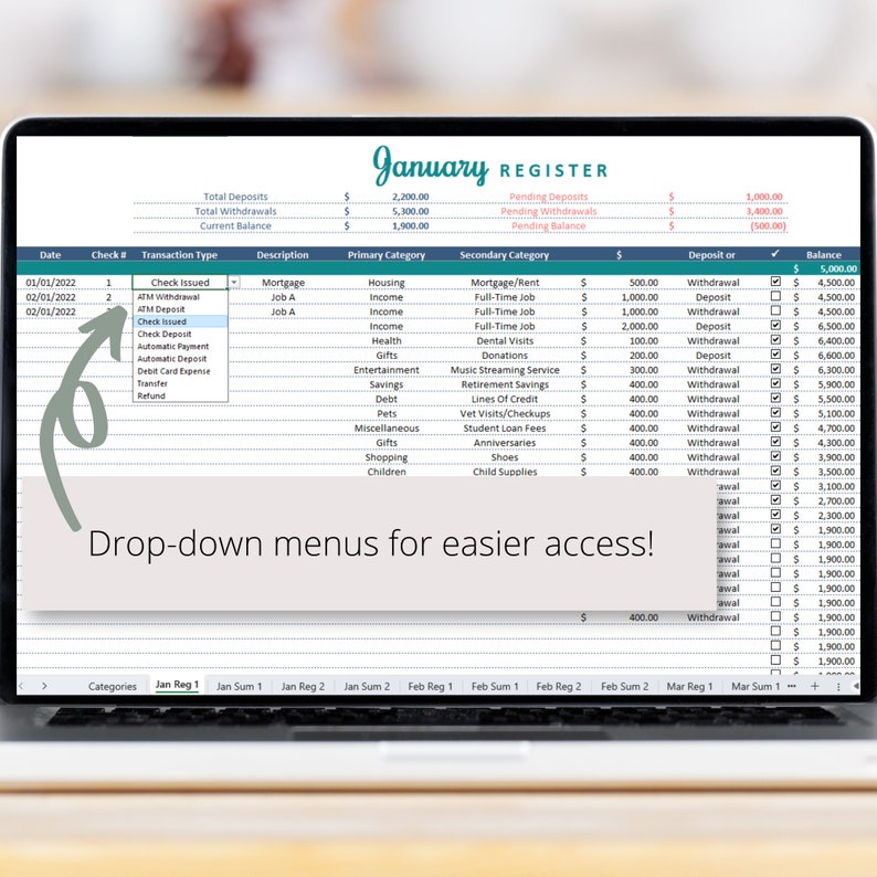 2 Checkbook Registers With Monthly and Annual Summaries Excel ...