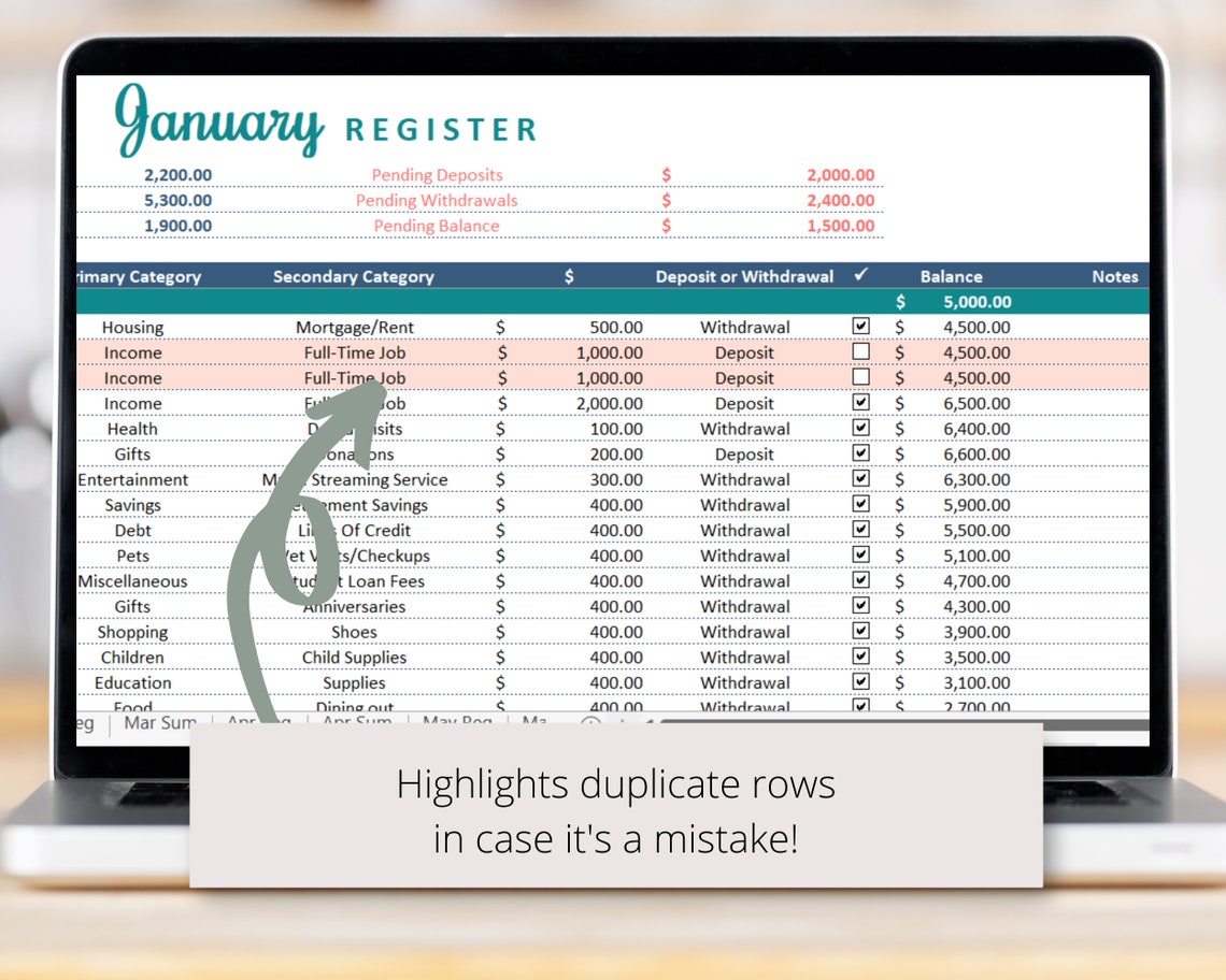 Checkbook Register With Monthly and Annual Summaries Excel Spreadsheet ...