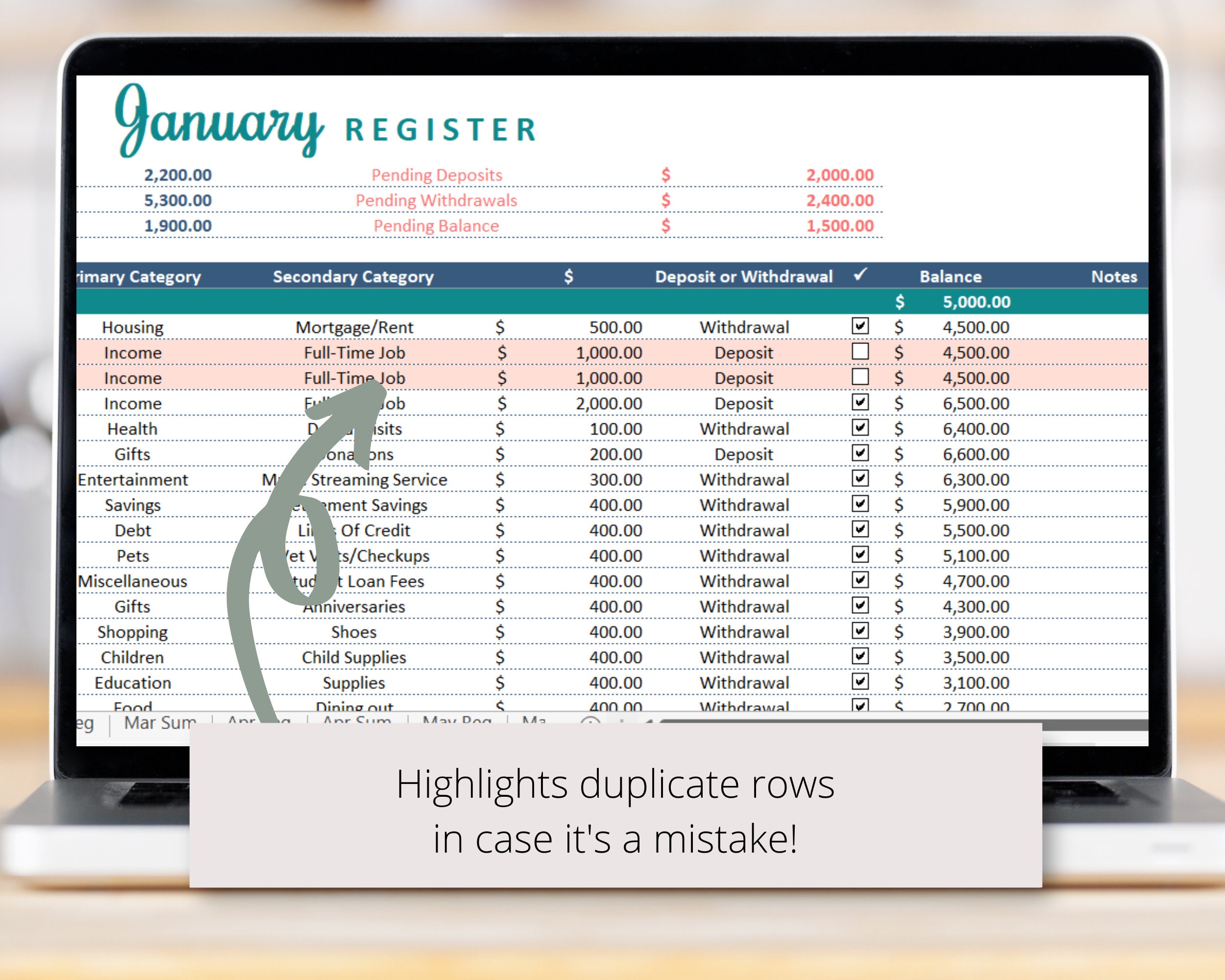 Checkbook Register With Monthly and Annual Summaries Excel Spreadsheet ...