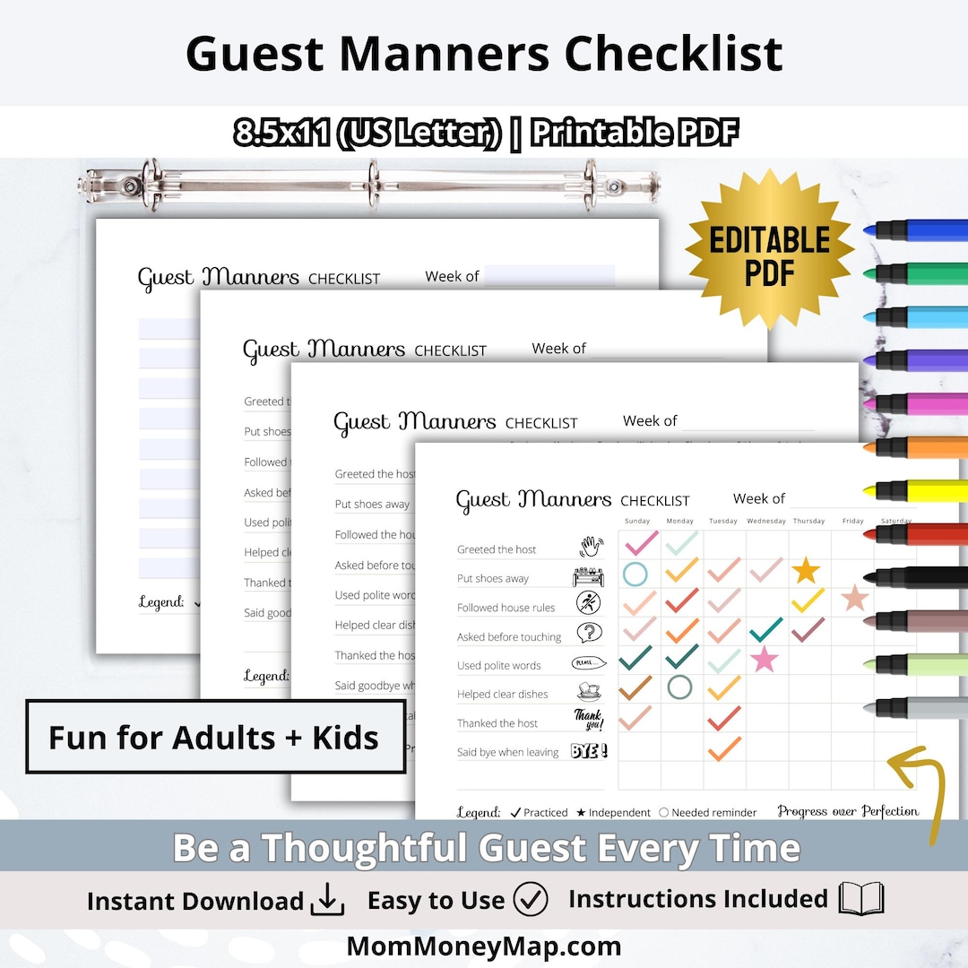 Guest Manners Checklist Printable PDF, Visiting Someone Manners ...