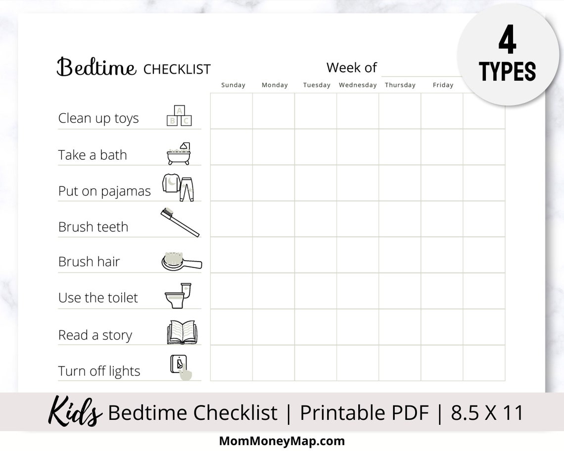 Kids Bedtime Routine Chart Checklist Printable - Etsy