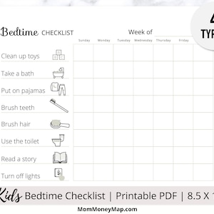 Kids Bedtime Routine Chart Checklist Printable - Etsy