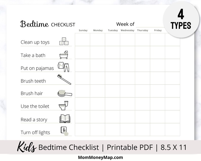 Kids Bedtime Routine Chart Checklist Printable - Etsy
