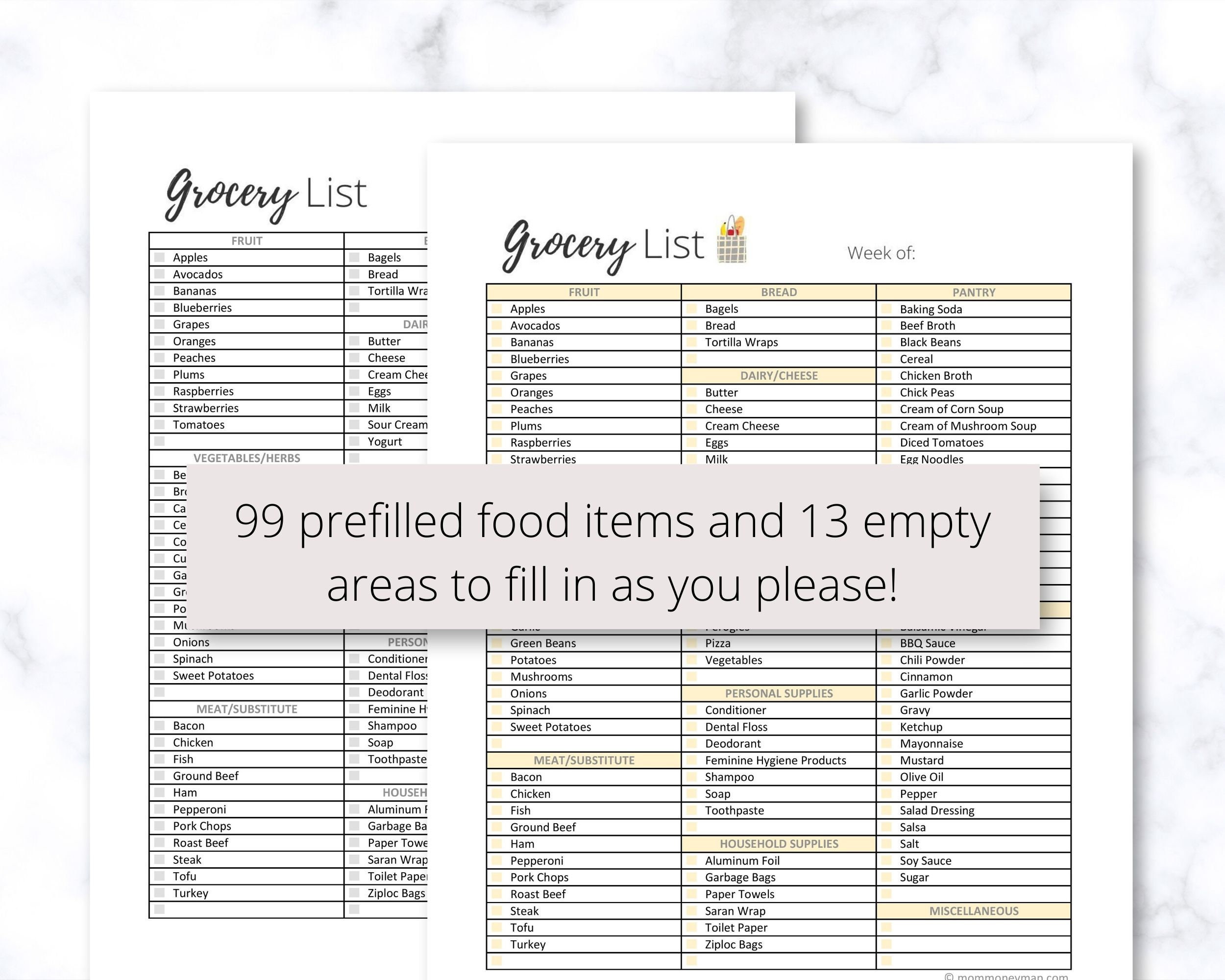 Grocery Inventory List Food Shopping Checklist Editable In Etsy