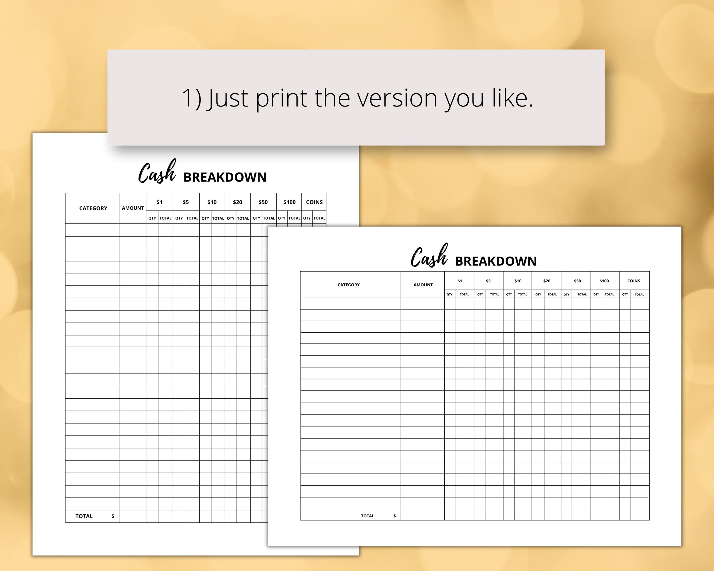 Cash Breakdown Sheet Printable PDF, Money Breakdown Form by ...