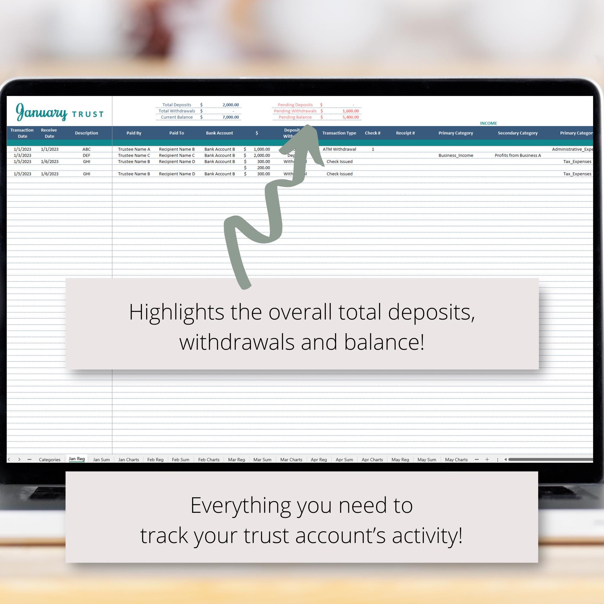Trust Account Ledger Register With Monthly and Annual Summaries Excel ...