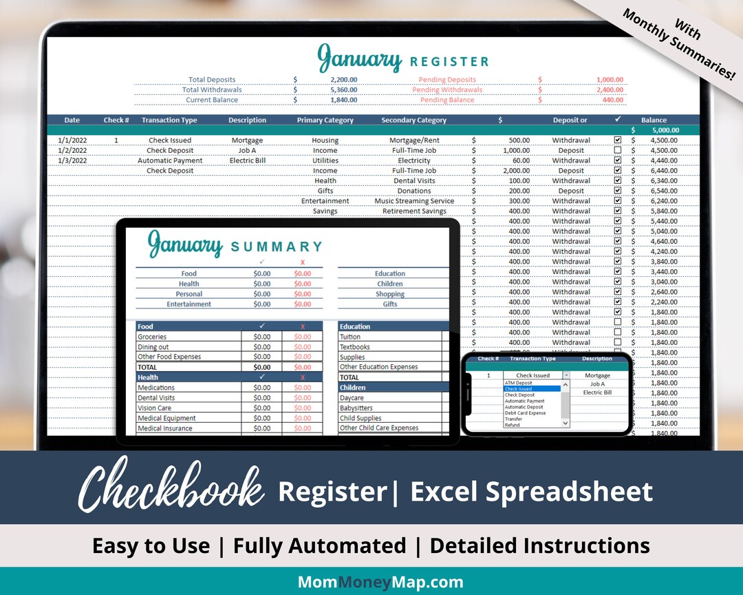 Checkbook Register With Monthly Summaries Excel Spreadsheet - Etsy