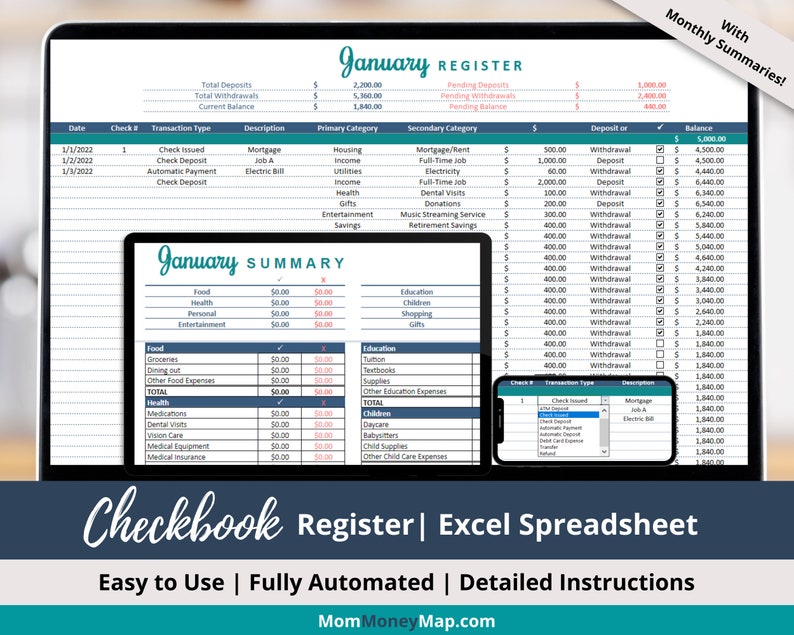 Checkbook Register With Monthly Summaries Excel Spreadsheet - Etsy