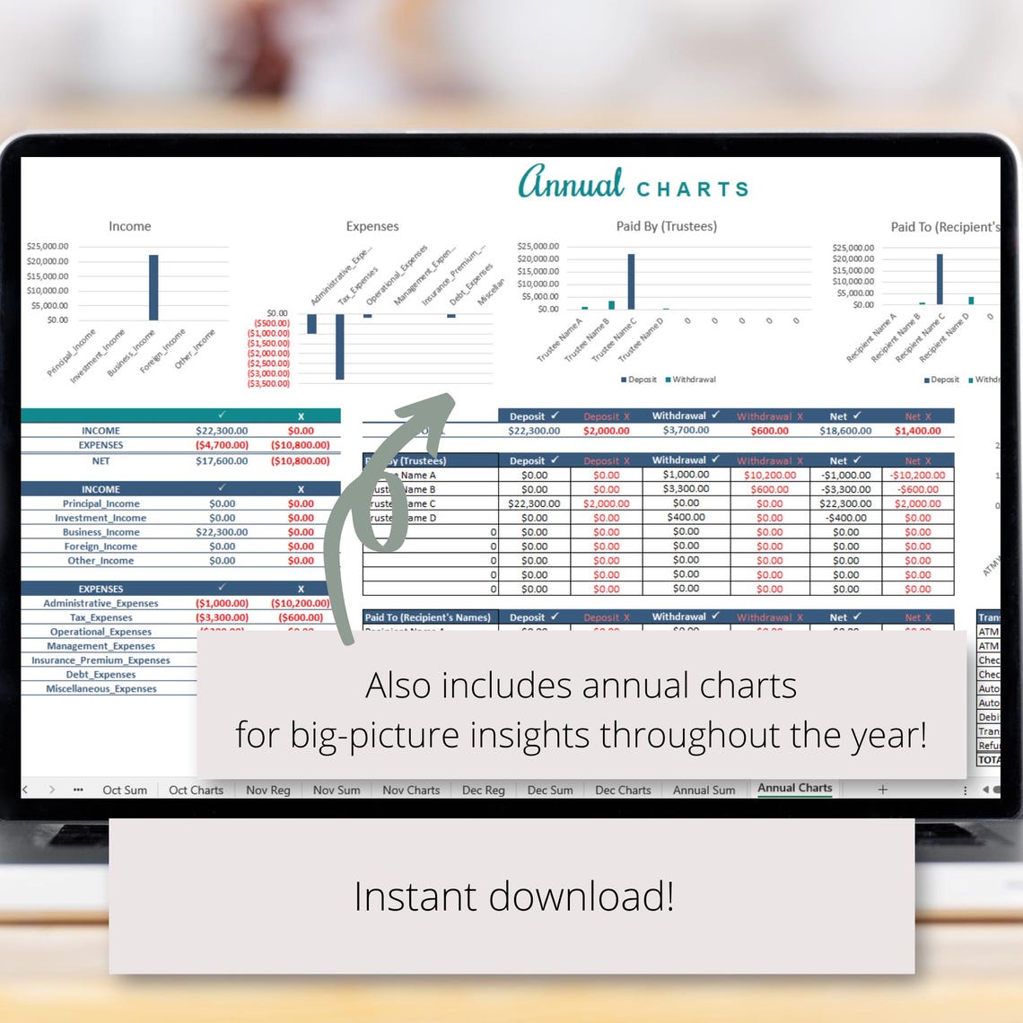 Trust Account Ledger Register With Monthly and Annual Summaries Excel ...
