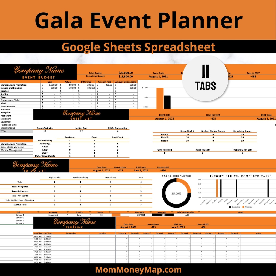 Gala Event Planner Google Sheets Spreadsheet Template for Fundraising ...