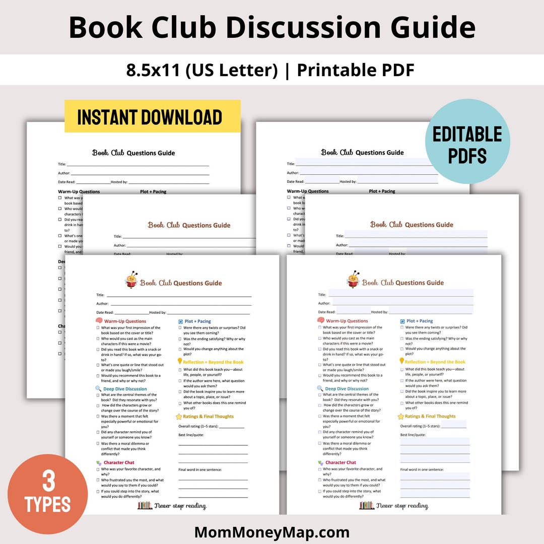 Book Club Discussion Guide Printable PDF, Reading Group Questions PDF ...