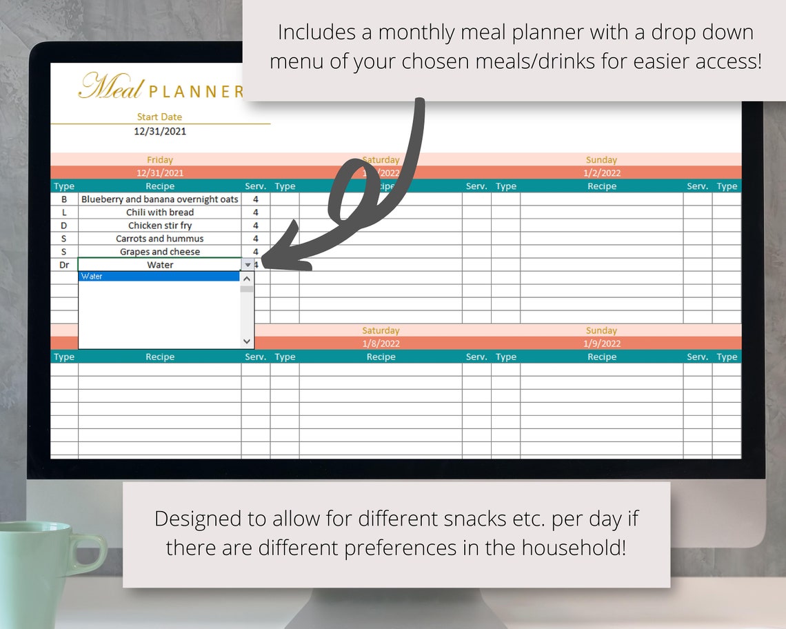 Excel Meal Planner Plan Your Meals With This Meal Planning | Etsy