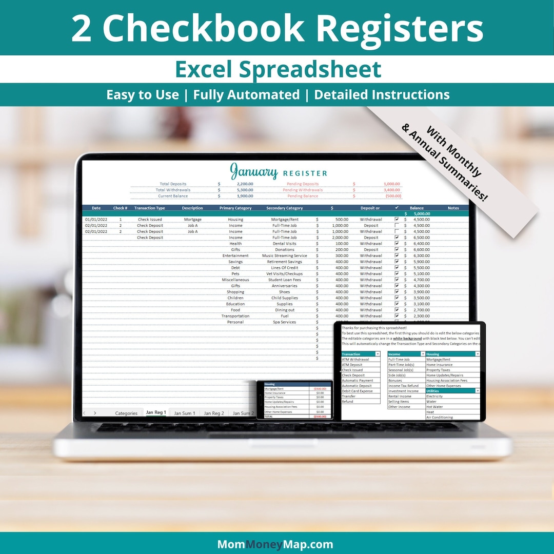 2 Checkbook Registers With Monthly and Annual Summaries Excel ...