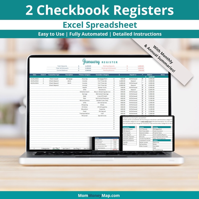 2 Checkbook Registers With Monthly and Annual Summaries Excel ...