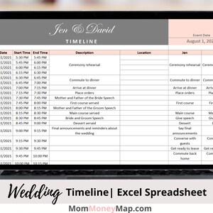 Wedding Event Timeline Excel Spreadsheet Wedding Itinerary - Etsy
