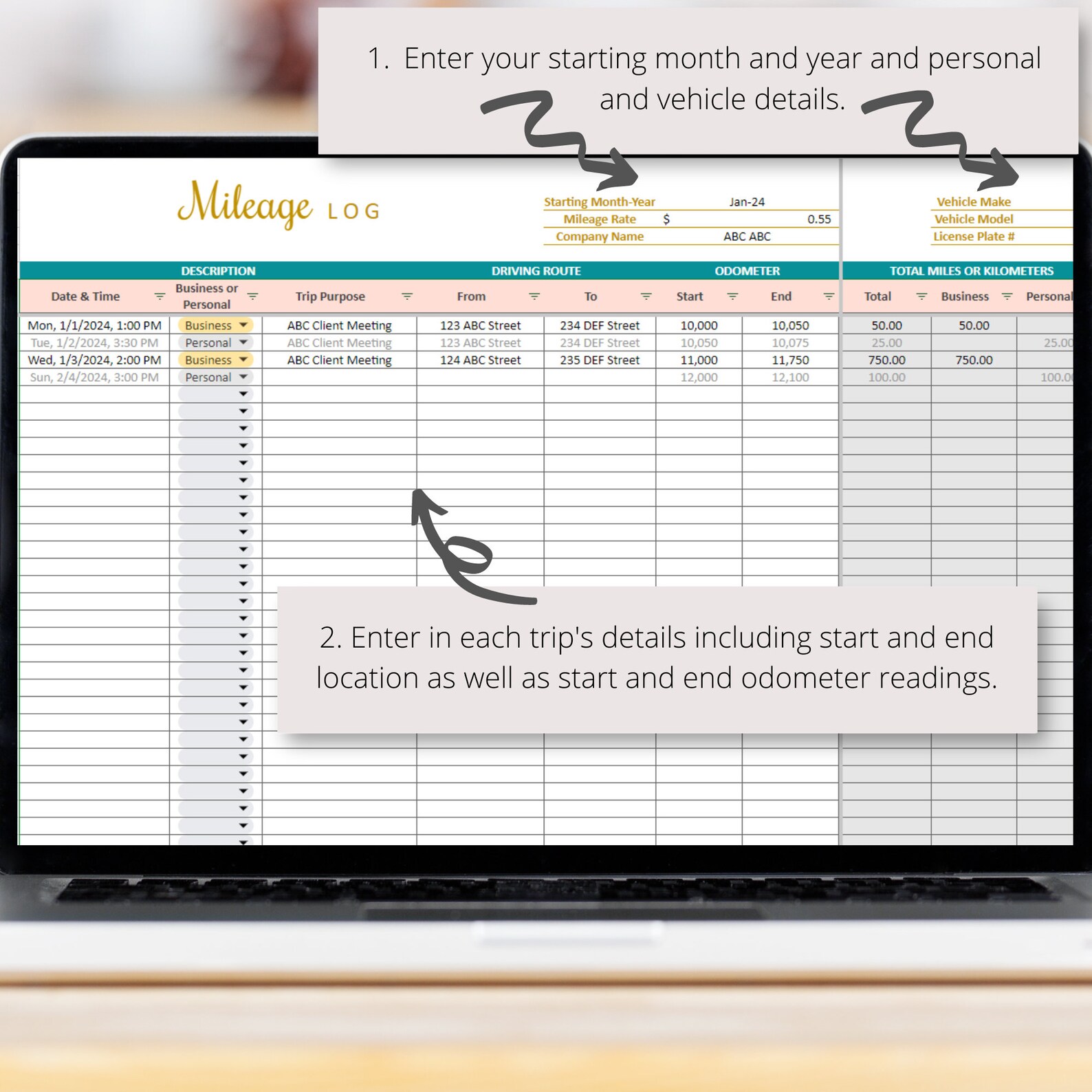 Car Mileage Tracker, Vehicle Mileage Log for Business and Work, Track ...