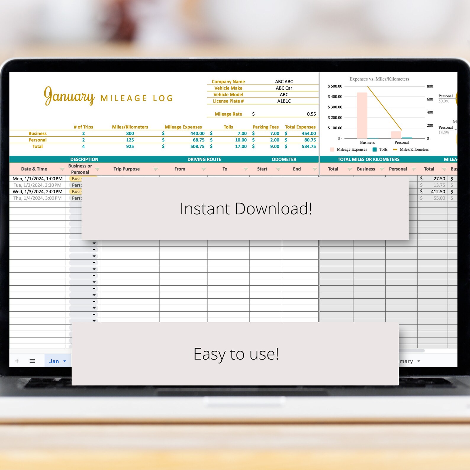 Car Mileage Tracker, Vehicle Mileage Log for Business and Work, Track ...