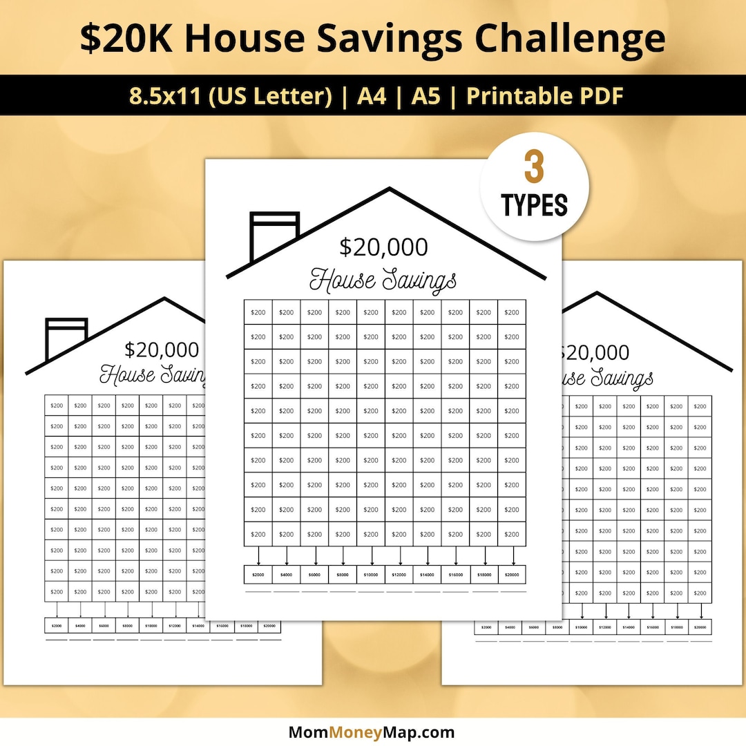 20K House Savings Tracker Printable, House Saving Challenge for Saving ...