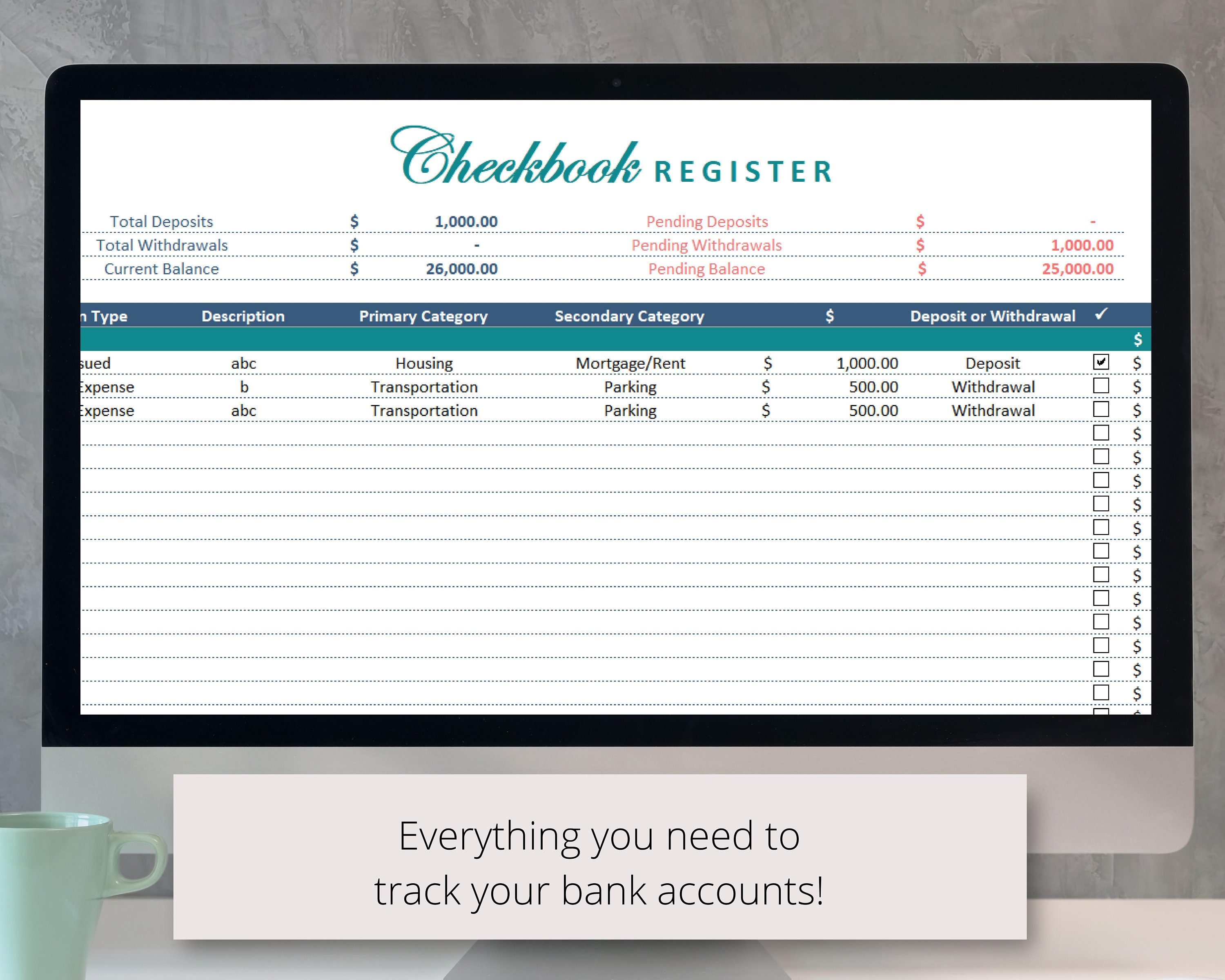 Checkbook Register Excel Spreadsheet Template Track Your | Etsy
