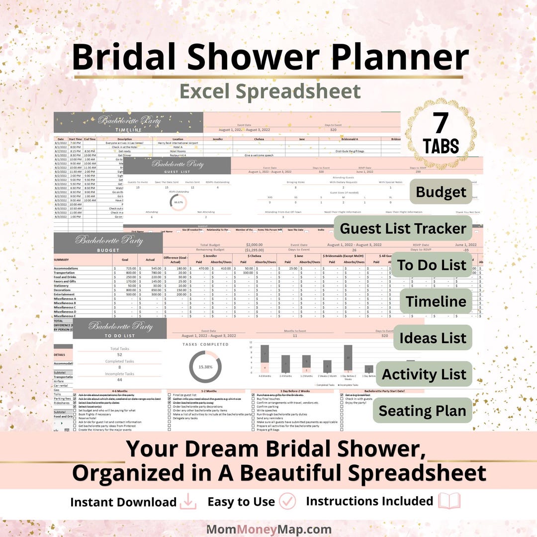 All in One Bridal Shower Planner Excel Spreadsheet, Party Checklist ...