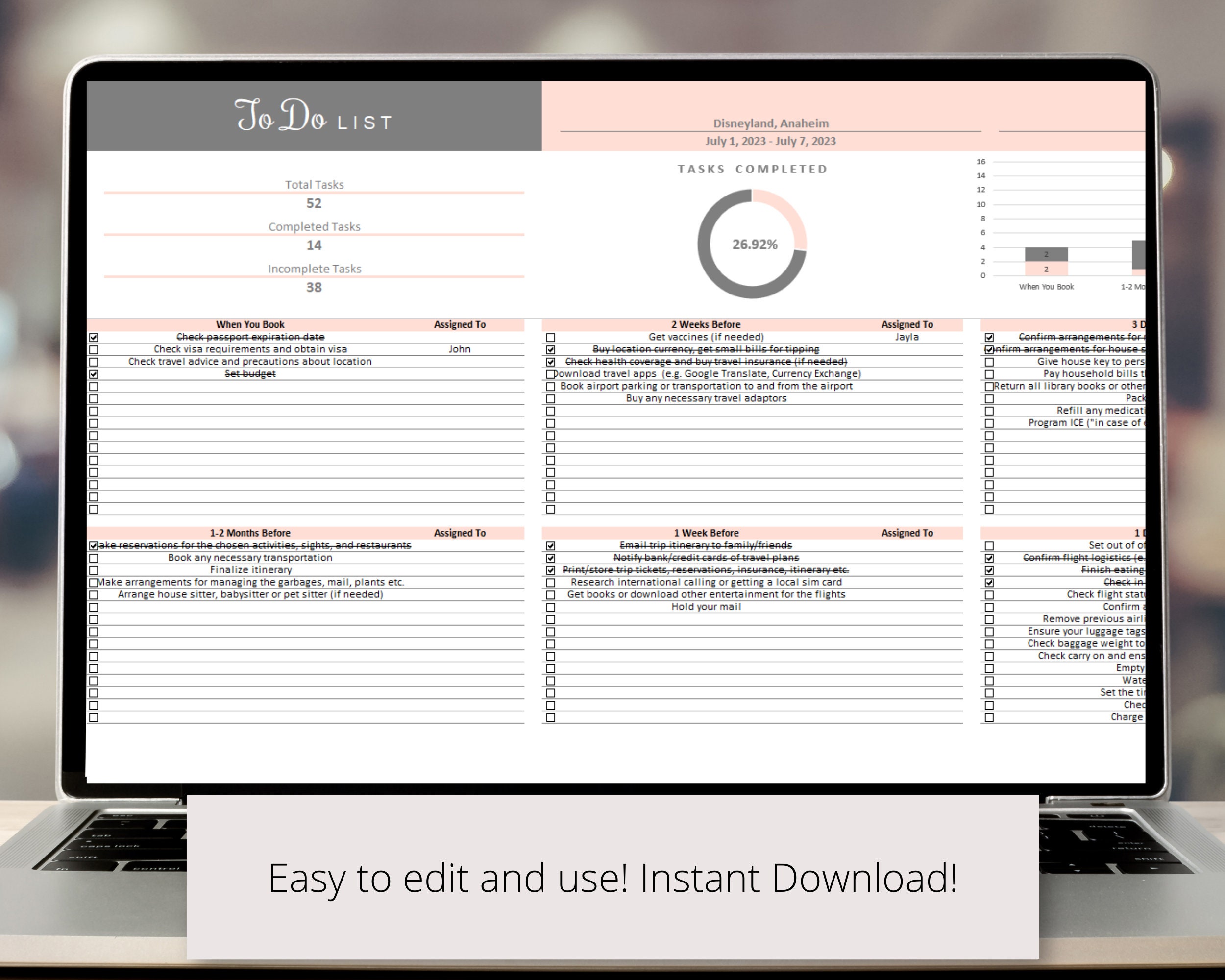 Vacation Checklist Spreadsheet, Travel Checklist Template, Travel To-do ...