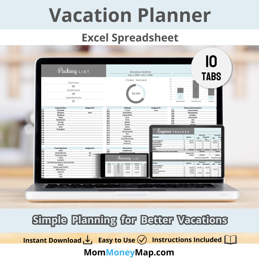 Vacation Planner Excel Spreadsheet Template, Editable Trip Organizer ...