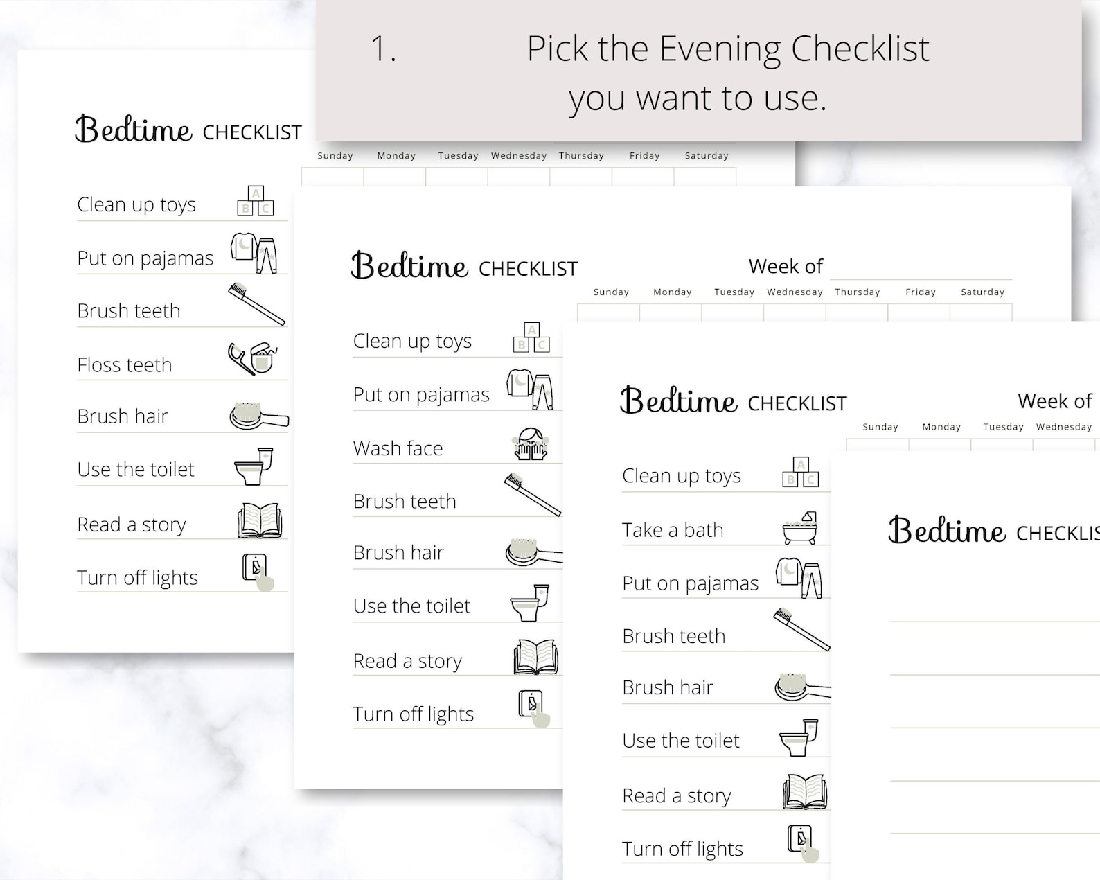 Kids Bedtime Routine Chart Checklist Printable, Evening/nighttime ...
