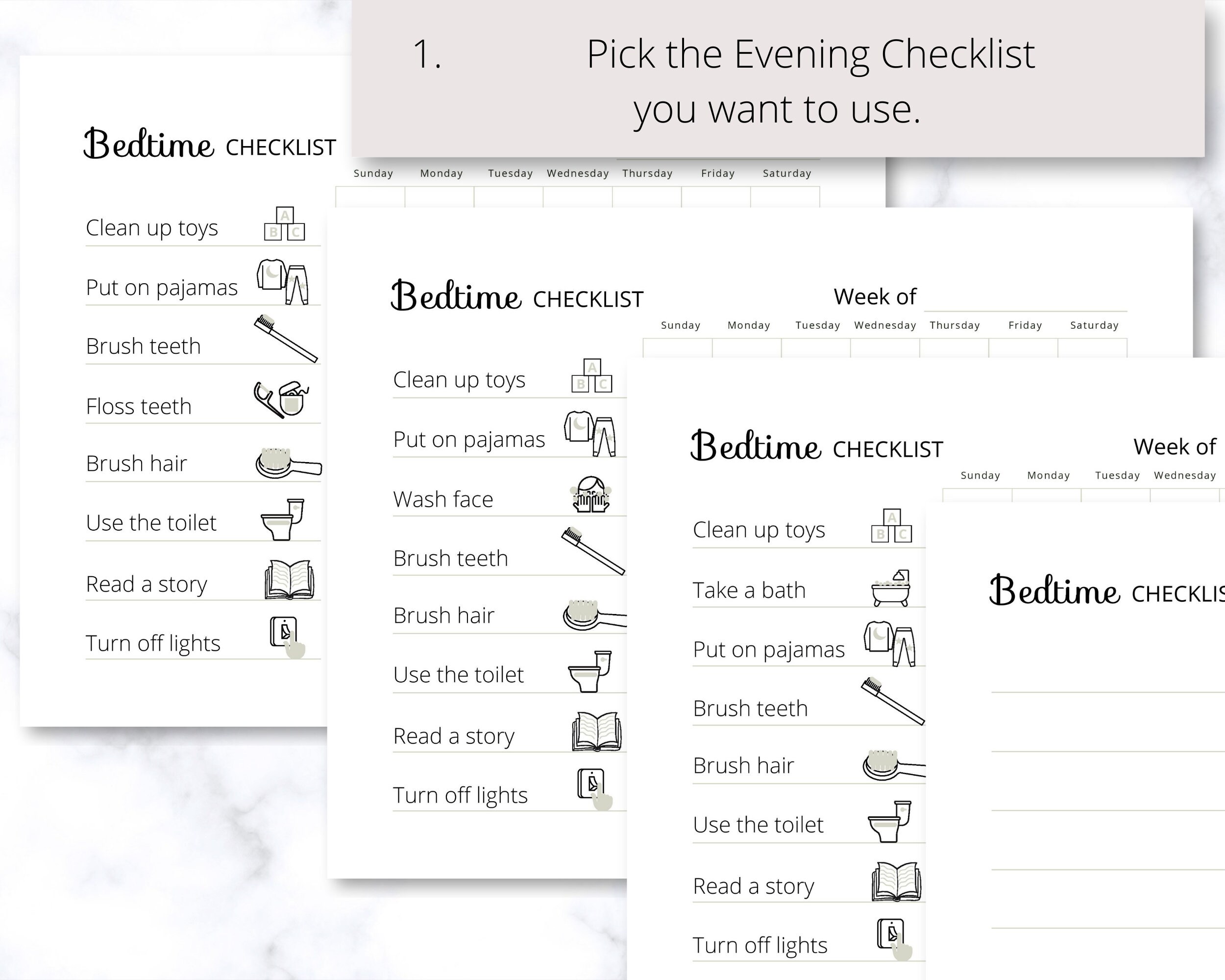 Kids Bedtime Routine Chart Checklist Printable, Evening/nighttime ...