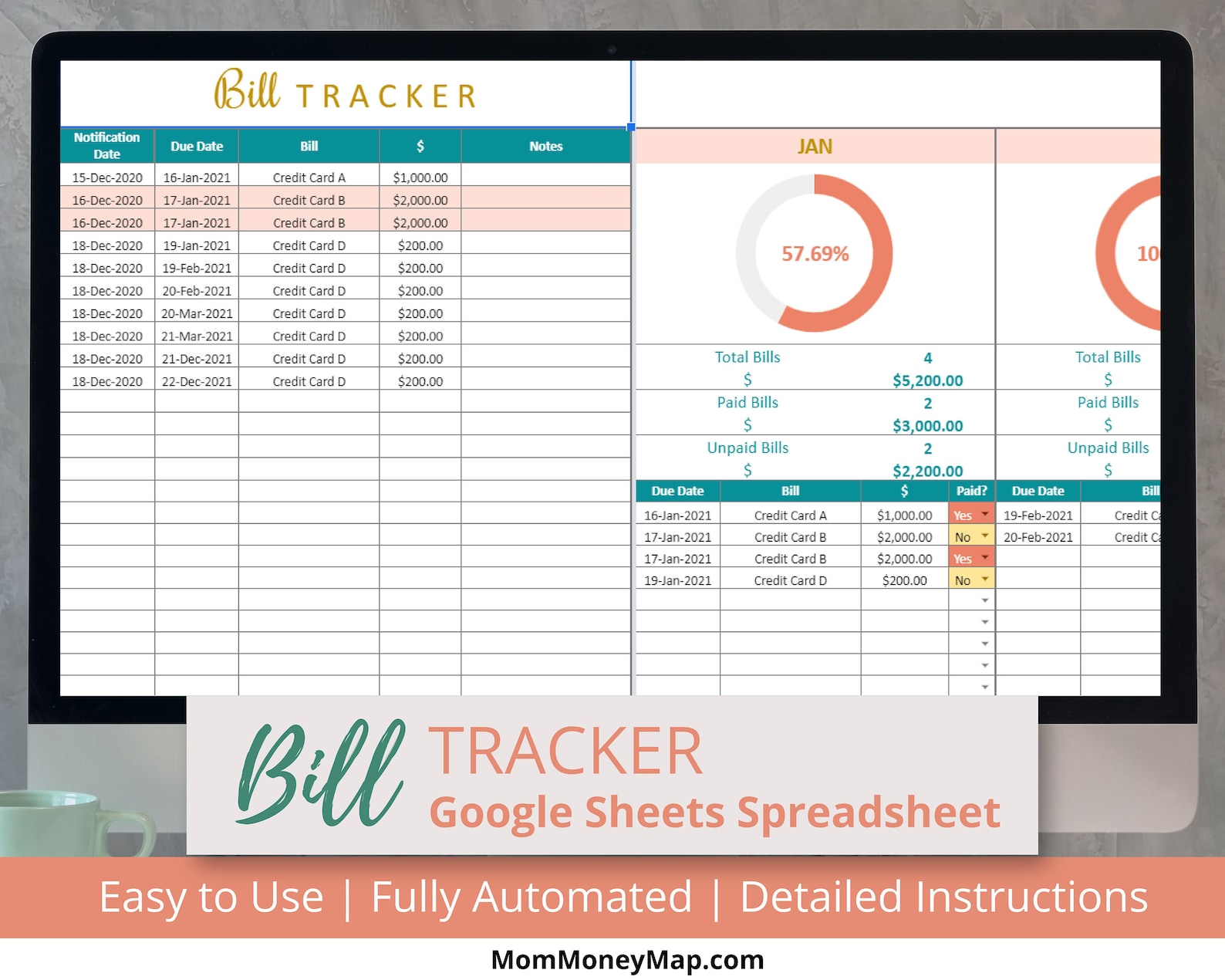 Bill Tracker Google Sheet Spreadsheet Monthly Bill Due Date | Etsy