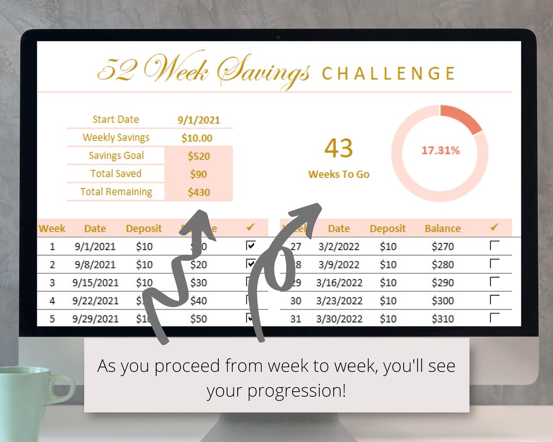 52 Week Savings Challenge Excel Spreadsheet Stay Motivated | Etsy