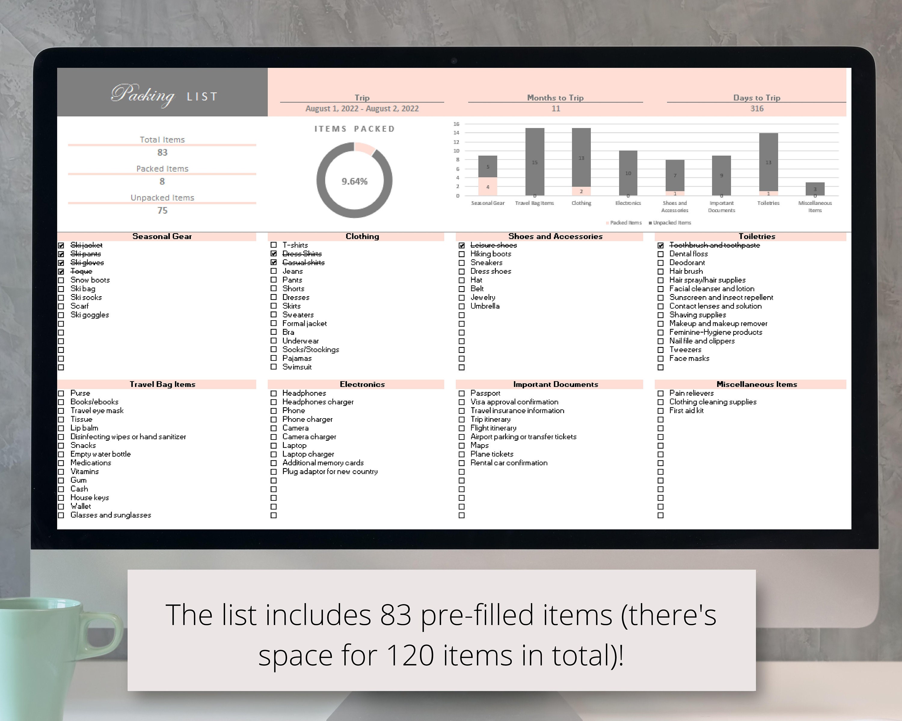 Packing List Excel Spreadsheet Template for Vacation | Etsy Canada