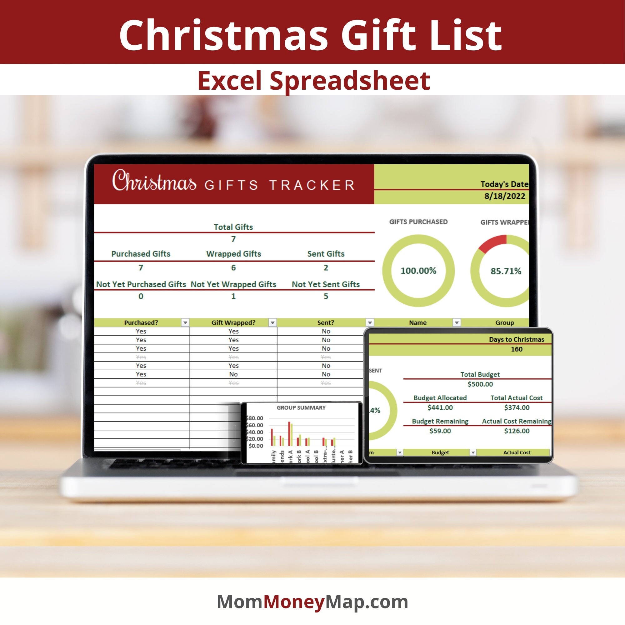 Christmas Gift List Tracker Spreadsheet, Holiday Shopping List Gift ...