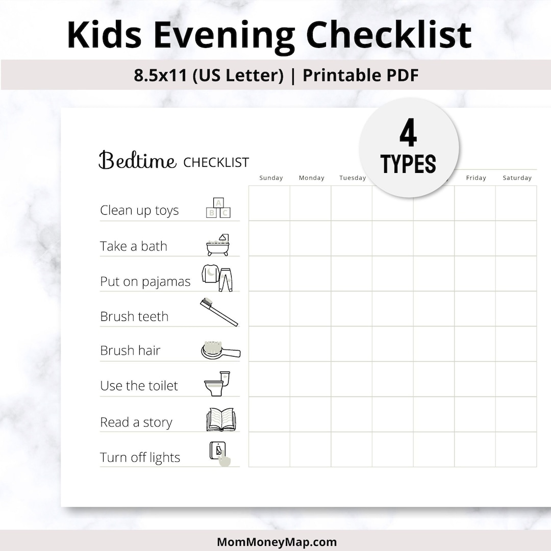 Kids Bedtime Routine Chart Checklist Printable, Evening/nighttime ...