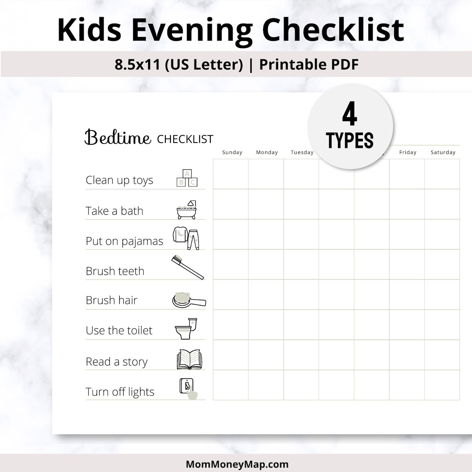 Kids Bedtime Routine Chart Checklist Printable, Evening/nighttime ...