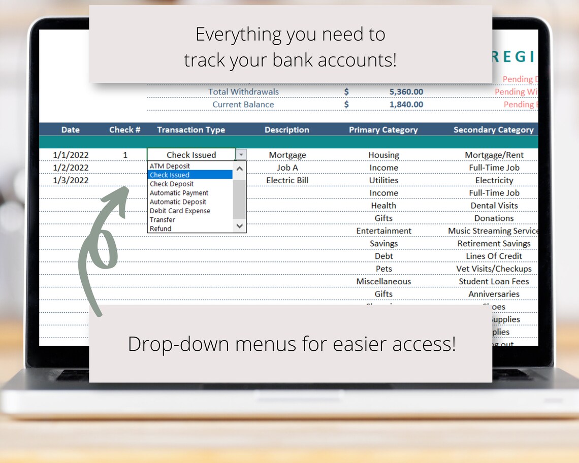 Checkbook Register With Monthly and Annual Summaries Excel Spreadsheet ...