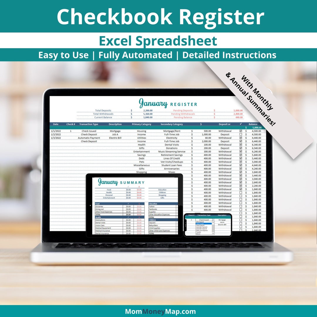 Checkbook Register With Monthly and Annual Summaries Excel Spreadsheet ...